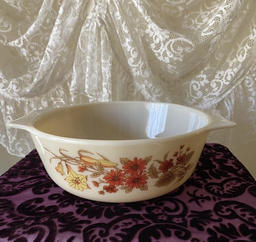 Pyrex England Rustic Brown Colour Flowers Round Casserole Dish Vintage ...