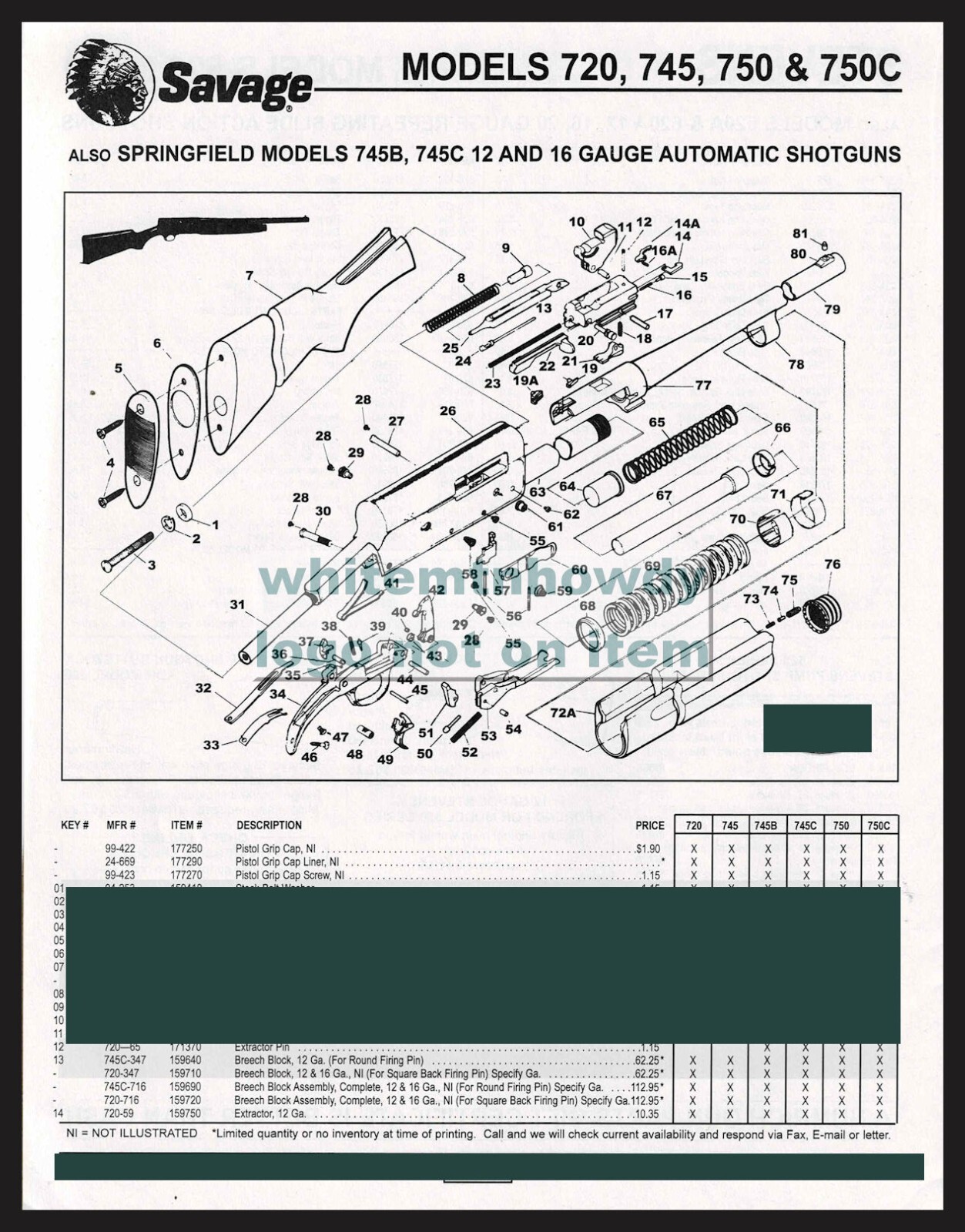 1999 SAVAGE 720, 745 750,750C SPRINGFIELD 745 745C Shotgun Schematic ...