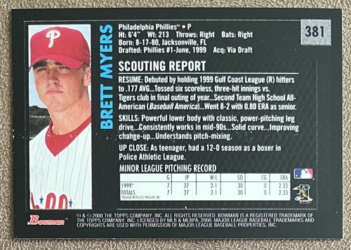 2000 Bowman Retro/Future Brett Myers Rookie Philadelphia Phillies #381 ...