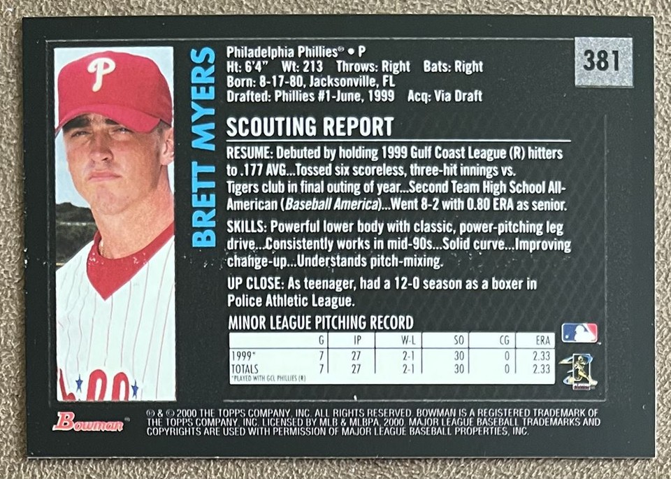 2000 Bowman Retro/Future Brett Myers Rookie Philadelphia Phillies #381 ...