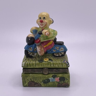 Small Hinged Green Ring Trinket Box With Clown On Blue Bike Motorcycle ...