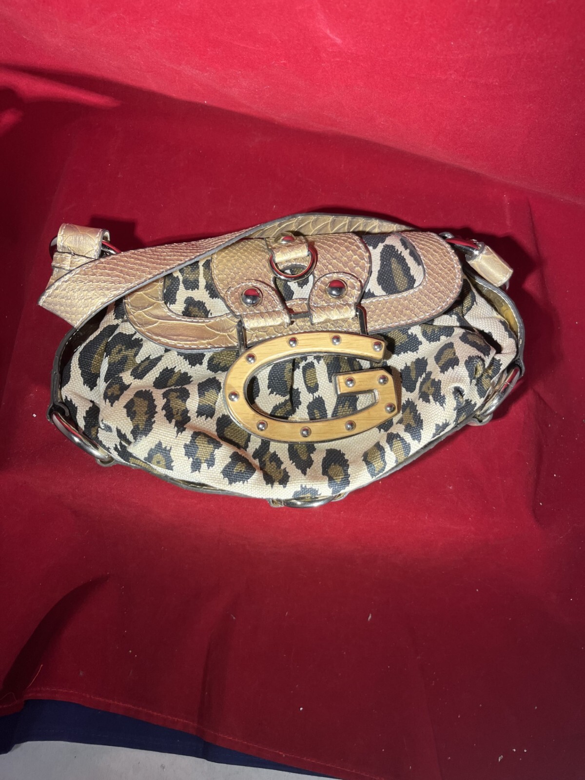 Guess Leopard Print Shoulder Bag With Gold Accents & Buckle 4-26