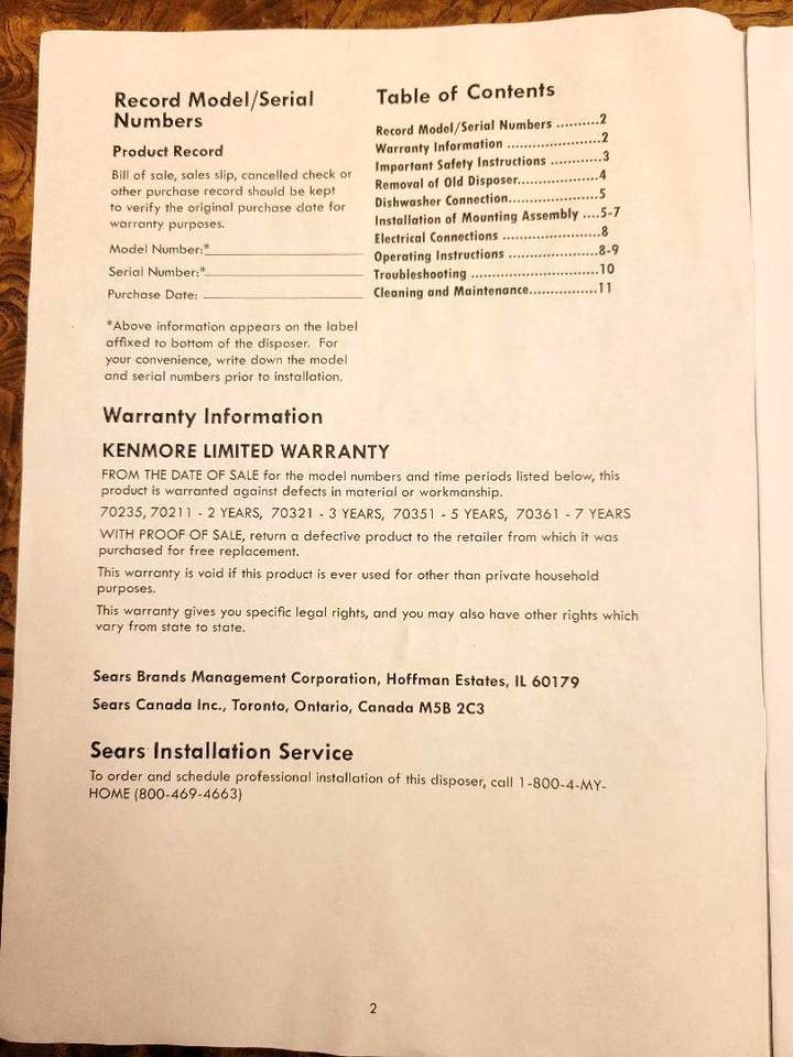 Kenmore Food Waste Disposer Use & Care Guide 587.70235 70211 70321 ...