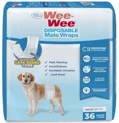 Dog, Four Paws Wee Wee Disposable Male Dog Wraps Medium/Large (36 count ...