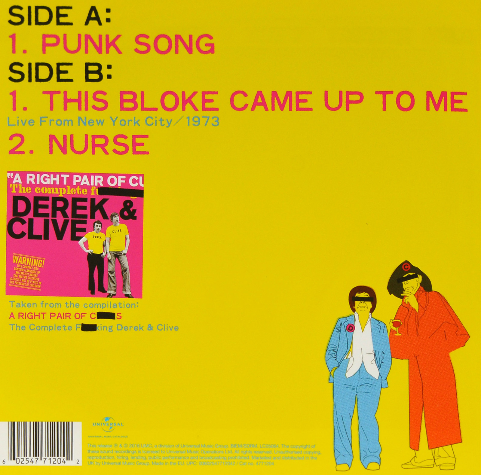 Punk Song/This Bloke Came Up to Me/Nurse by Derek & Clive (Record, 2016 ...