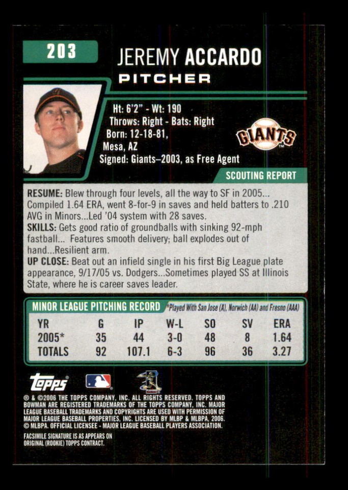 2006 Baseball Bowman Jeremy Accardo San Francisco Giants #203 RC2 | eBay