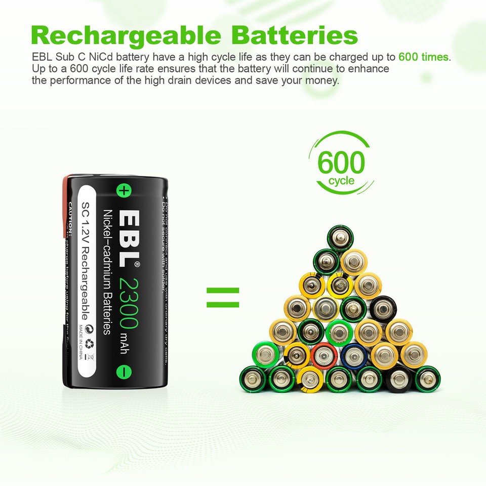 EBL SC Sub-C NiCd Rechargeable Batteries 2300mAh Tap Cell Power Tool ...