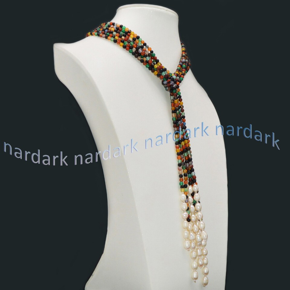 3 Strands Natural 4mm Gemstone Round Beads 7-8mm White Pearl Scarf ...