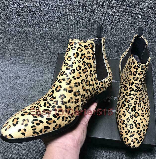 Men's Leather Leopard Print Pull On Nightclub Chelsea Ankle Boot Casual ...