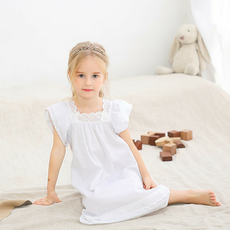 Girls Lace Cotton Pajamas Nightdress Nightgown Sleepwear Princess Cute ...