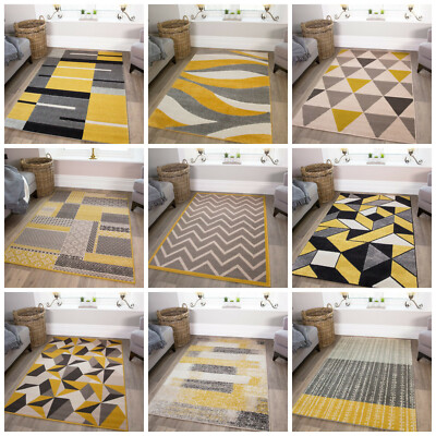 Ochre Mustard Rugs For Living Room Medium Size Yellow & Grey Geometric ...