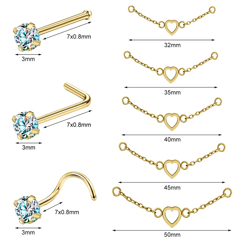 7Pcs/Set Surgical Steel Across Nostril Piercing CZ Nose Stud Nose Chain ...