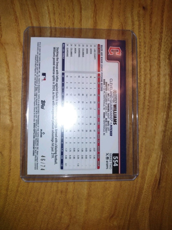 2025 Topps Gavin Williams BLACK BORDER CLEVELAND GUARDIANS 46/74 #554 ...