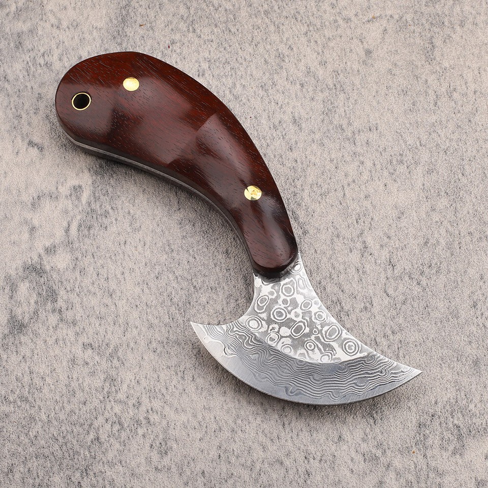 Small Damascus Round Head Knife Leather Craft Cutter Rosewood Handle ...