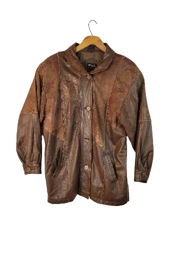 Vintage Pelle Leather Jacket Brown Embossed Design 80… - Gem