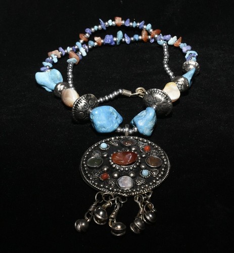 38CM Old Collection Tibetan Silver Inlay Gemstone Lingdang Jewelry ...