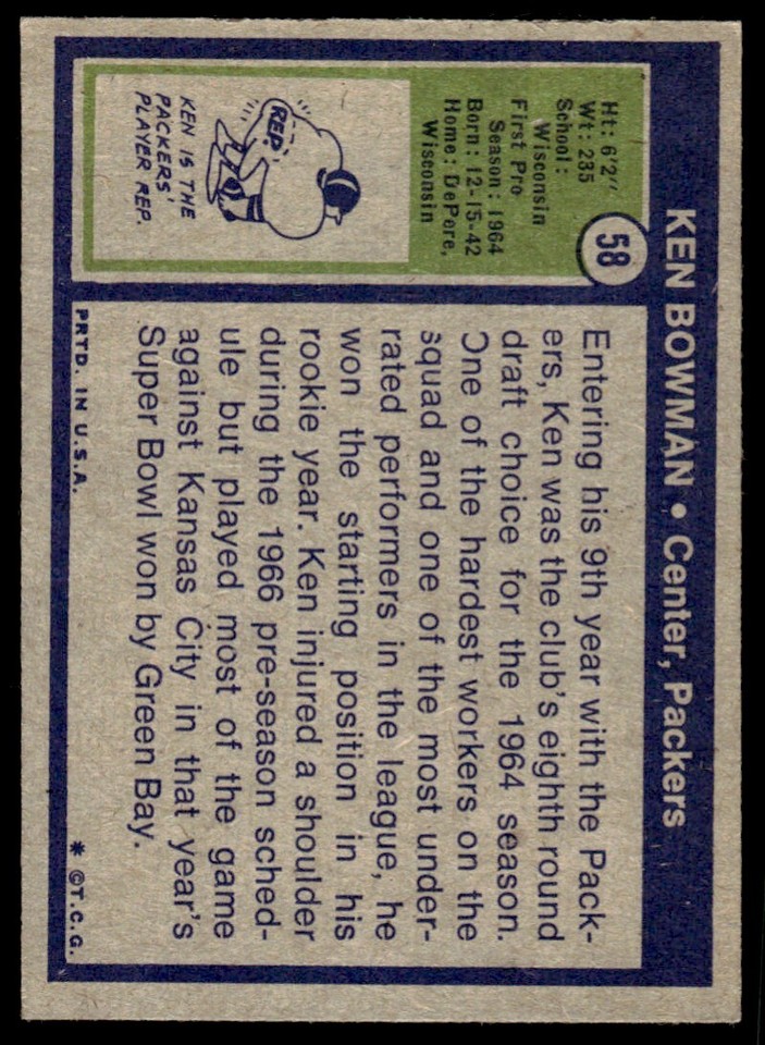 1972 Topps Ken Bowman ^ Green Bay Packers #58 | eBay