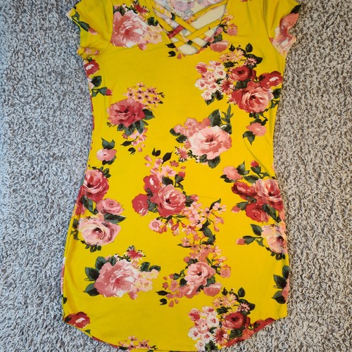 Bobbie Brooks Medium MIni Dress Yellow Floral Summer Stretch Keyhole ...