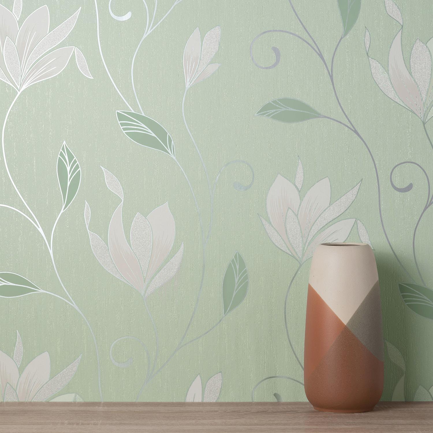Crown Synergy Floral Green Wallpaper Glitter Silver Modern Feature Wall ...