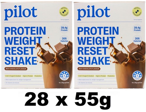 28 x 55g PILOT PROTEIN WEIGHT RESET SHAKE RICH CHOCOLATE FLAVOUR (2 ...