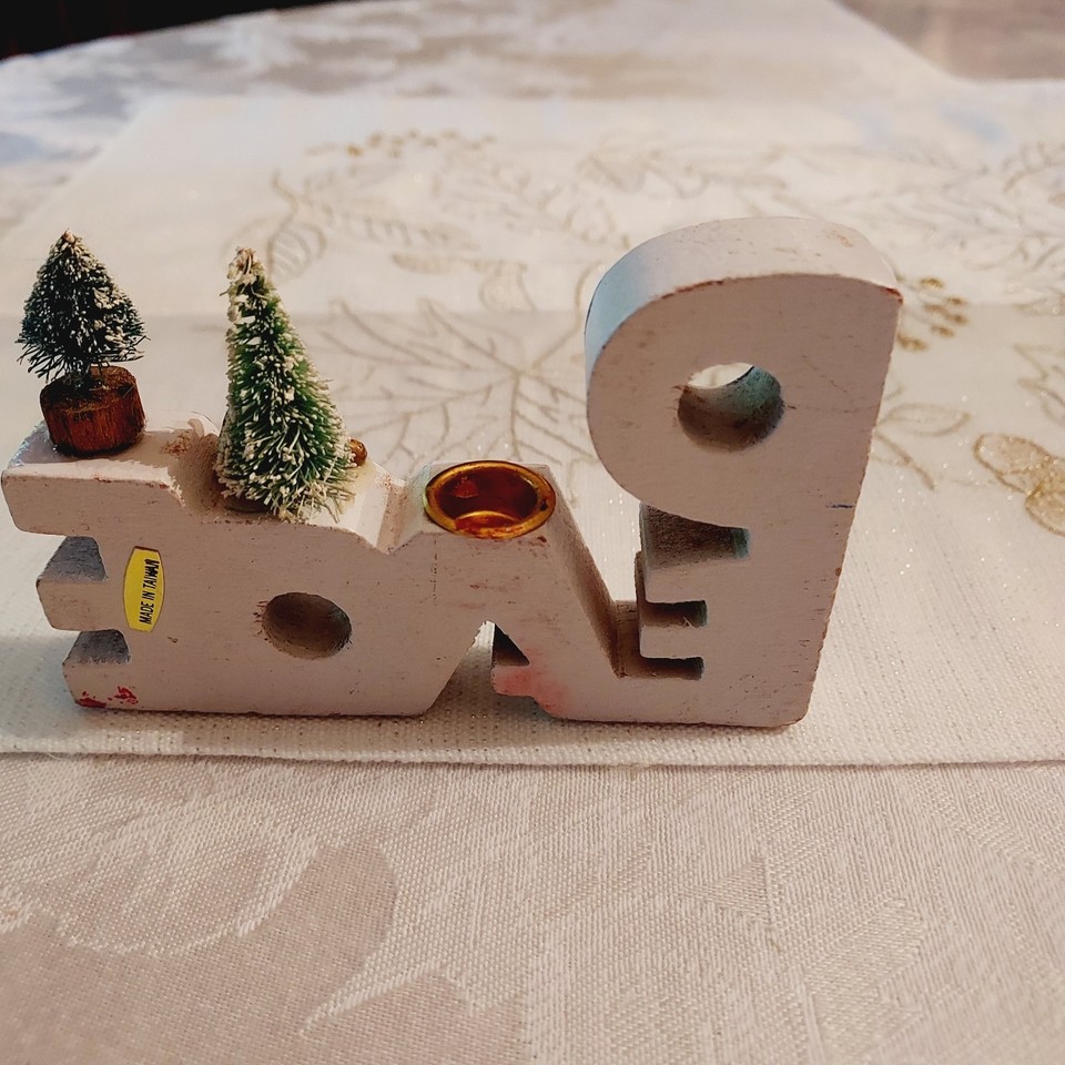 Vintage Christmas Wooden Candle Holder Word Peace Bottle Brush Tree ...