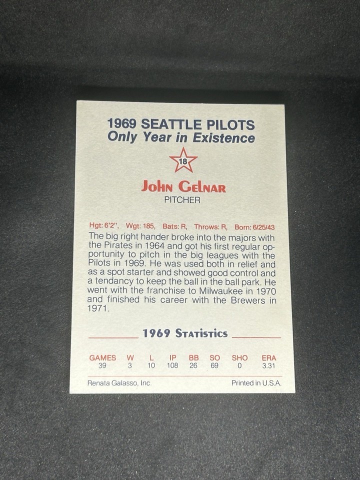 John Gelnar 1983 Renata Galasso 1969 Seattle Pilots #18 Autographed ...