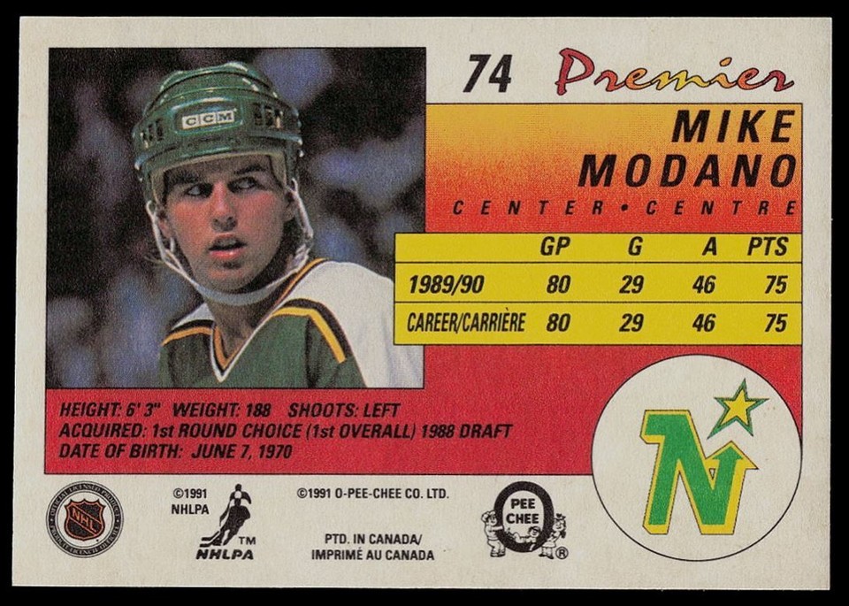 1990-91 O-Pee-Chee Premier Mike Modano Rookie Minnesota North Stars #74 ...