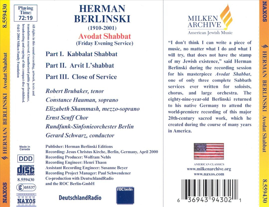 HERMAN BERLINSKI: AVODAT SHABBAT NEW CD 636943943021| eBay