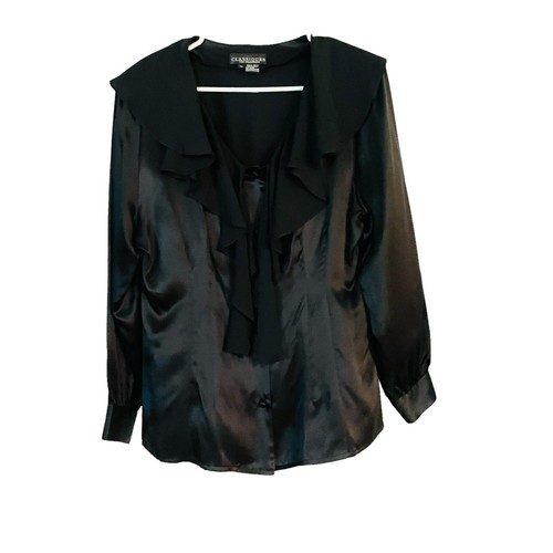 Vintage Classiques 100% Silk Blouse Womens 14 Black Satin Ruffles ...