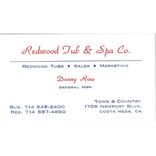 Redwood Tub & Spa Co Danny Ross Costa Mesa CA Vintage Business Card SD4 ...