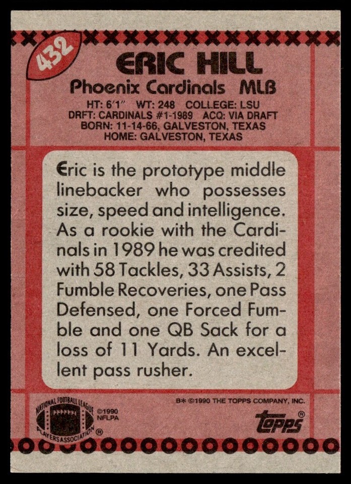 1990 Topps Eric Hill Phoenix Cardinals #432 | eBay
