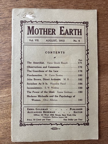 Mother Earth Monthly Anarchist Magazine Vol VII No 6 Aug 1912 Emma ...
