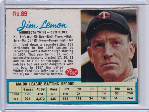 1962 Post Cereal Baseball Card #89 Jim Lemon Minnesota Twins - Hand Cut ...