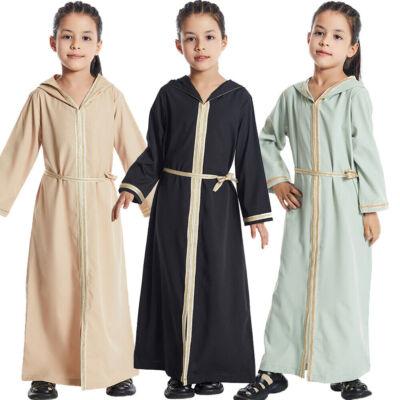 Kids Girls Muslim Dress Hodded Abaya Kaftan Moroccan Abayas Islam Chid ...