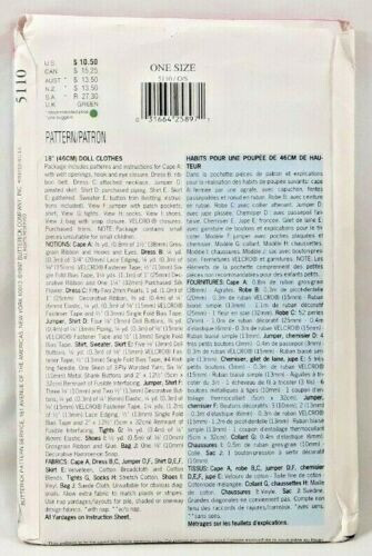 1997 Butterick Sewing Pattern 5110 18" Doll Wardrobe 6 Outfits Vintag ...