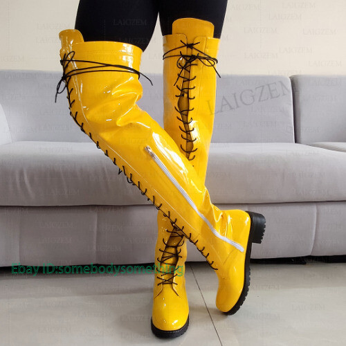 Women Thigh Boots Shiny Side Zip Round Toe Square Heels Boots Over Knee ...