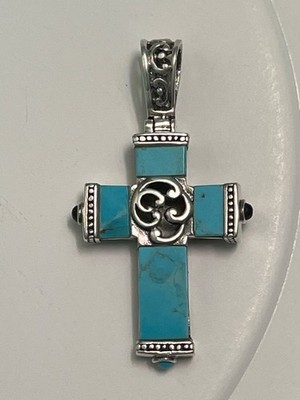 925 sterling reversible cross pendant turquoise, onyx, and scrollwork ...
