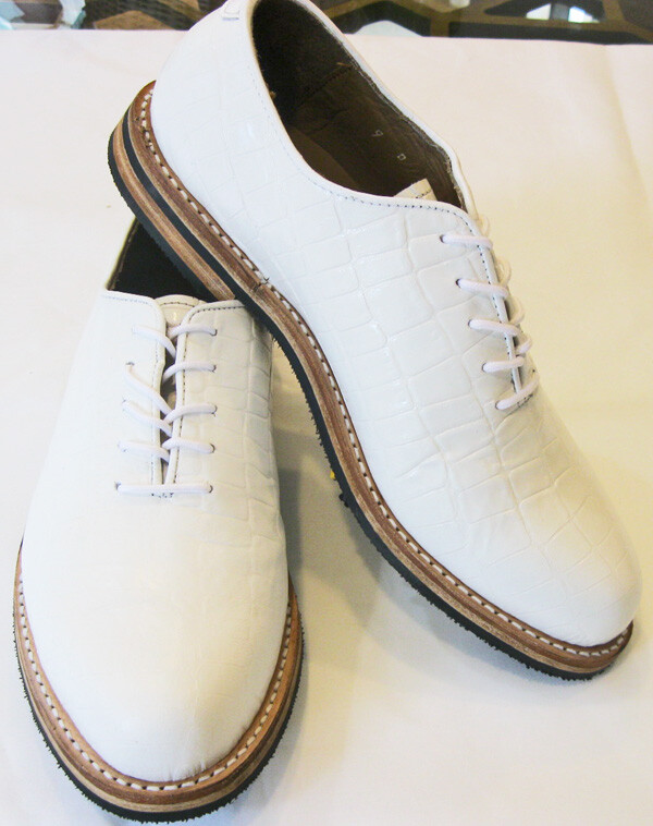 Footjoy style Vecci Men Classic White Faux Crocodile Gold Toe Golf Shoe ...