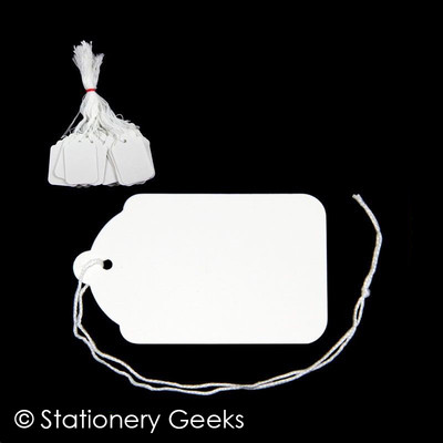 100 White Strung Tickets 70 x 43 mm Price Tags String Swing Labels 70mm ...