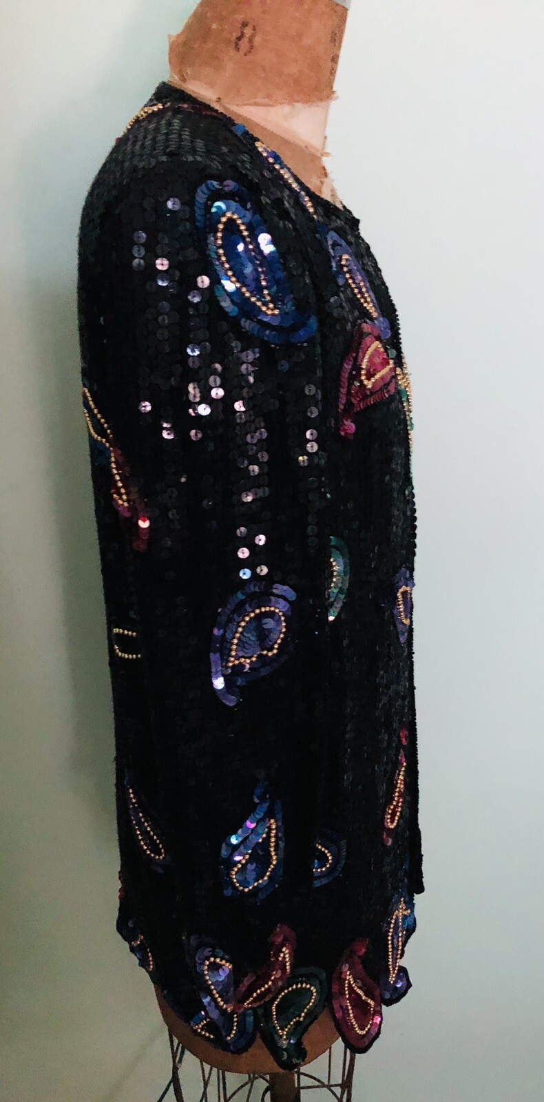 VTG. SCALA BEADED SEQUIN SILK JACKET BLACK W/MULTICOLOR PAISLEY PATTERN ...