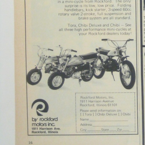 Rockford 60cc Mini-Cycles Tora Chibi Deluxe Print AD 1972 | eBay