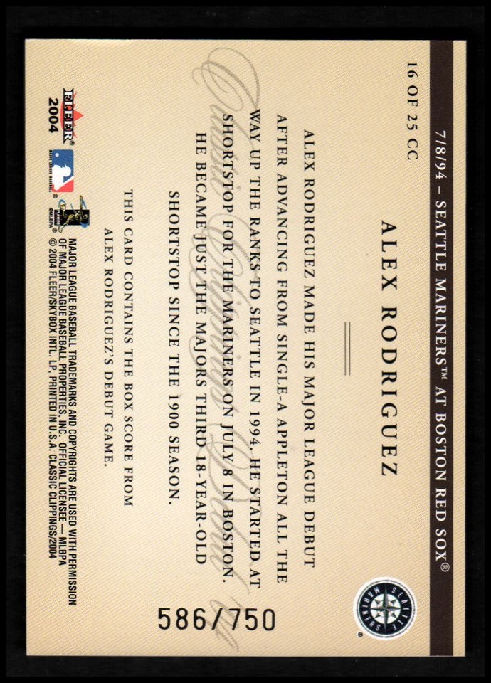 2004 Classic Clippings Inserts #16 Alex Rodriguez Box Score #d/750 - NM ...
