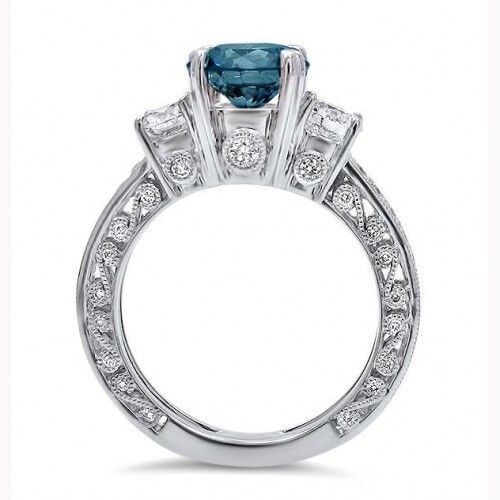 4Ct Lab-Created Blue Diamond Three-Stone Engagement Ring 14K White Gold ...