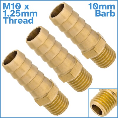 3x Brass 10mm Barb Hose To M10 x1.25mm Male Threaded Pipe Fitting Tail ...