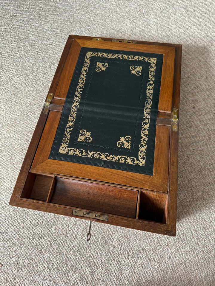 Antique Writing Box. Wood & Brass Inlay Box. With lock and key | eBay UK