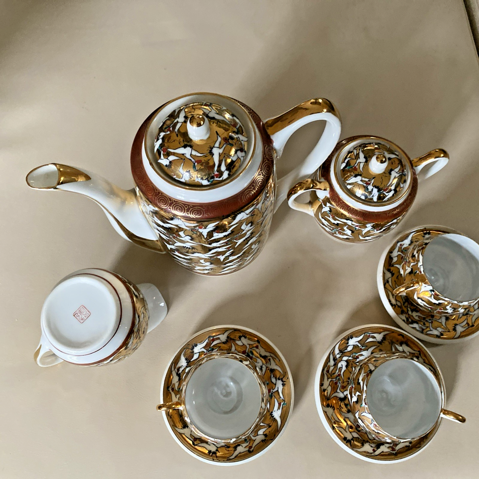 Vintage Kutani Japanese 1000 Thousand Cranes Porcelain Tea Set Pot ...