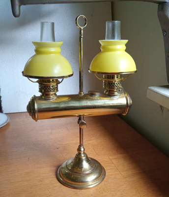 1879 DATED BRASS MINIATURE DOUBLE STUDENT KEROSENE LOG DESK LAMP YELLOW ...