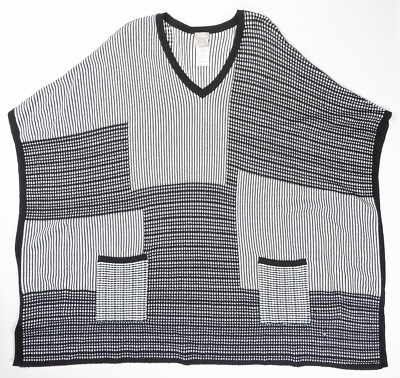 CHICO'S Poncho Black White Knit Striped Pullover Tabard Patchwork Size ...