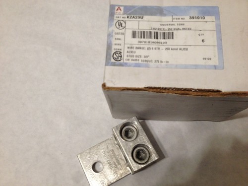 NEW BURNDY K2A29U 6 AWG TO (2)250 CU/AL MECH LUG ALUMINUM/COPPER 3/8 ...