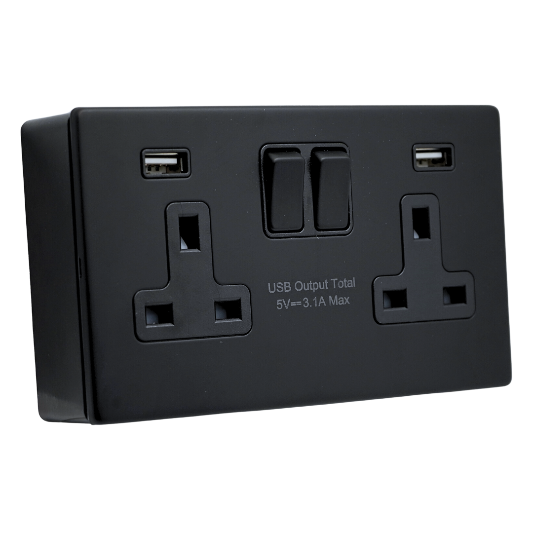 SHPELEC® Matt Black Screwless 2 Gang 13A Socket and Surface Mount Back ...